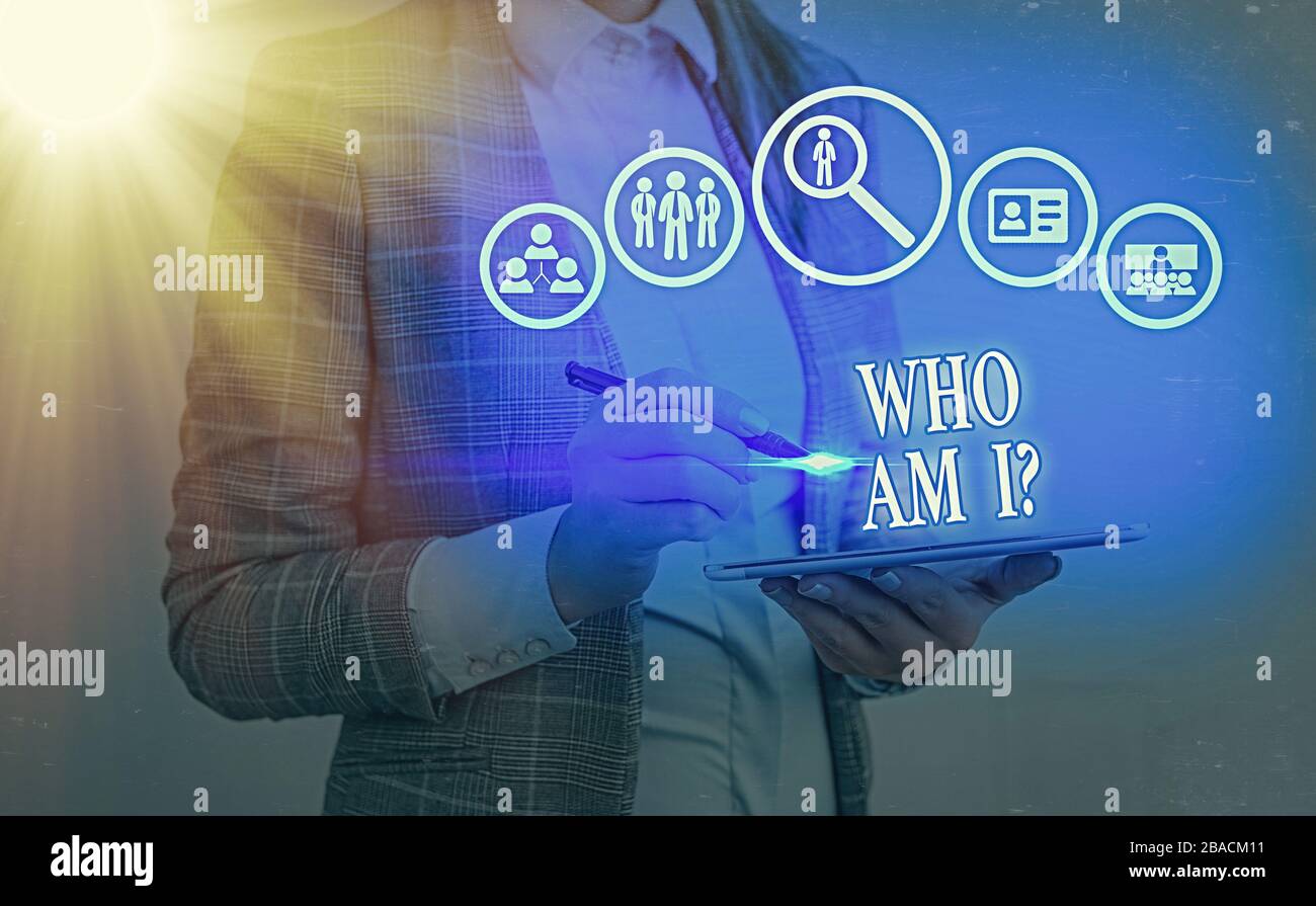 Text sign showing Who Am I Question. Business photo showcasing asking ...