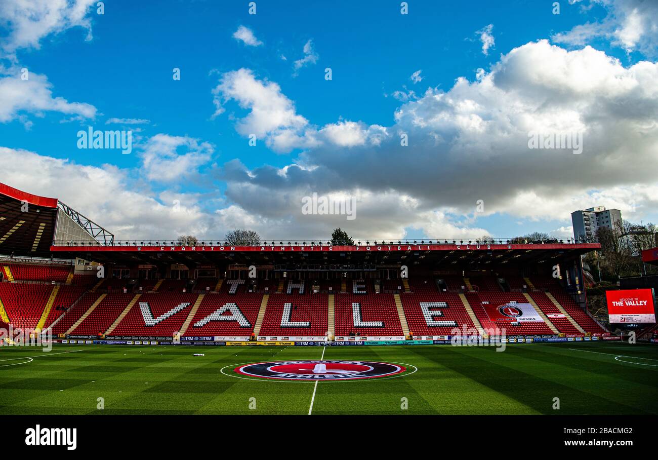 A club badge banner on the centre circle at The Valley, home of ...