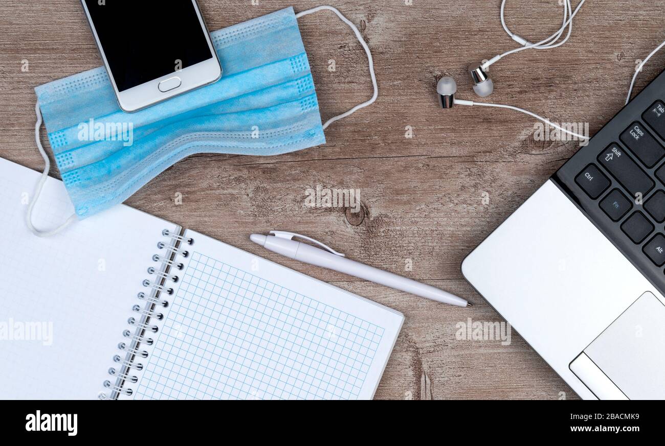 hygiene in the office. Top view close up of office desk, desktop with ...