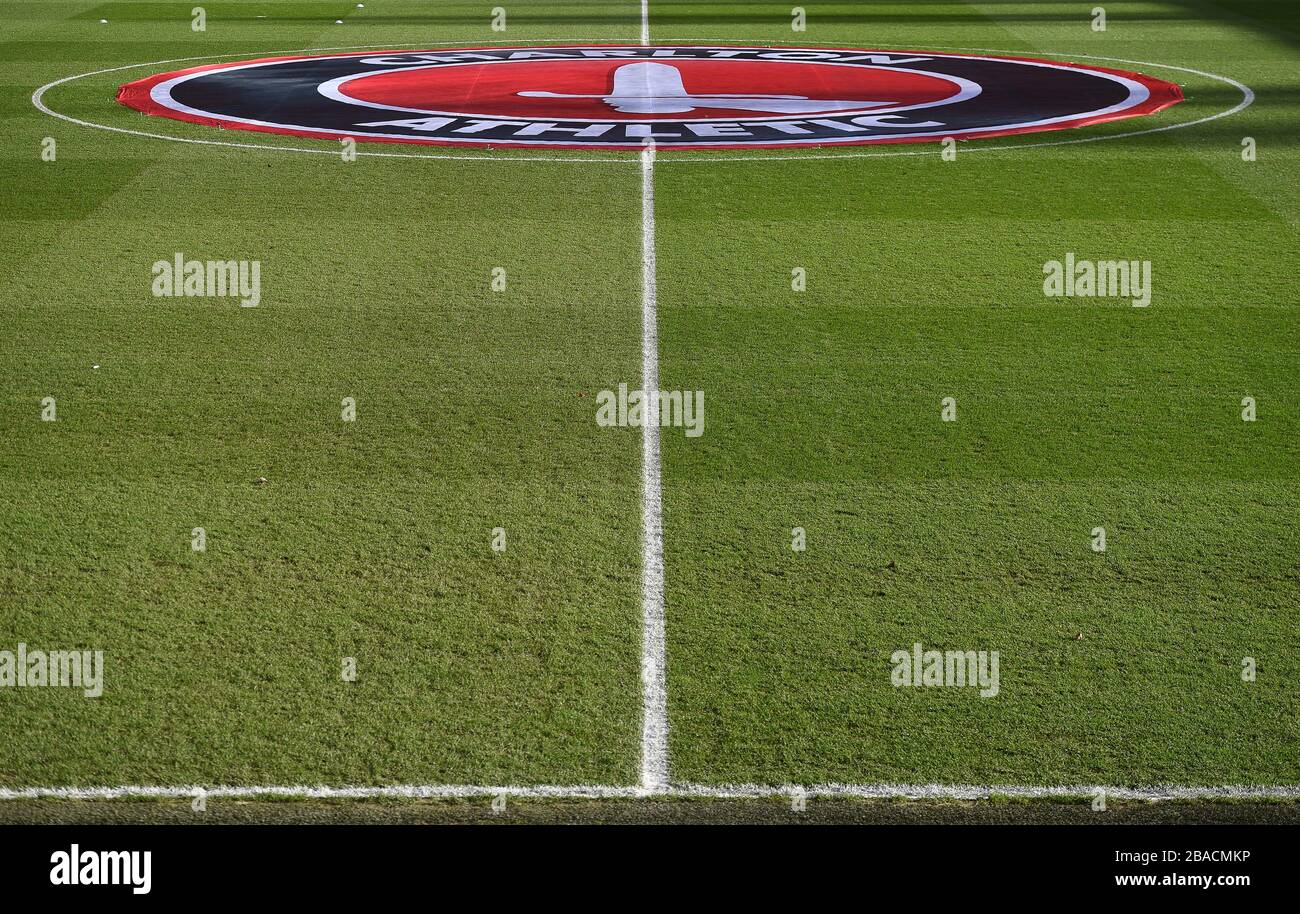 A club badge banner on the centre circle at The Valley, home of ...