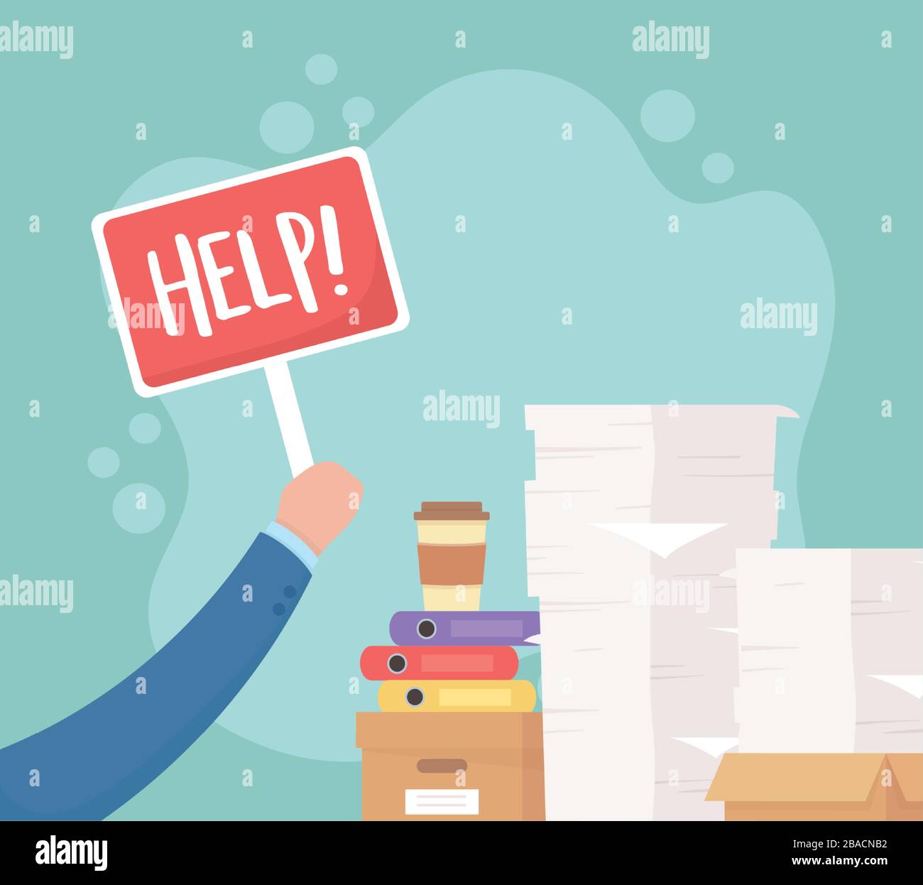 hand with help placard pile of paperwork boxes and folders work vector ...