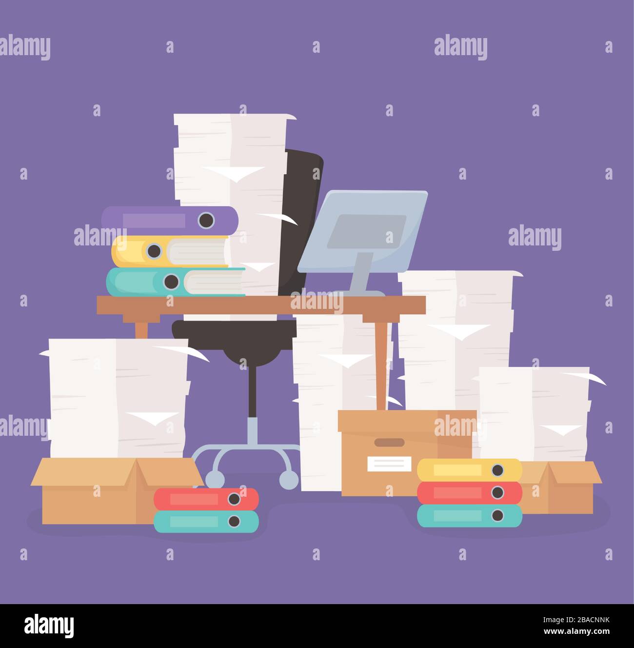 chair computer desk stack paper binders and boxes office work ...