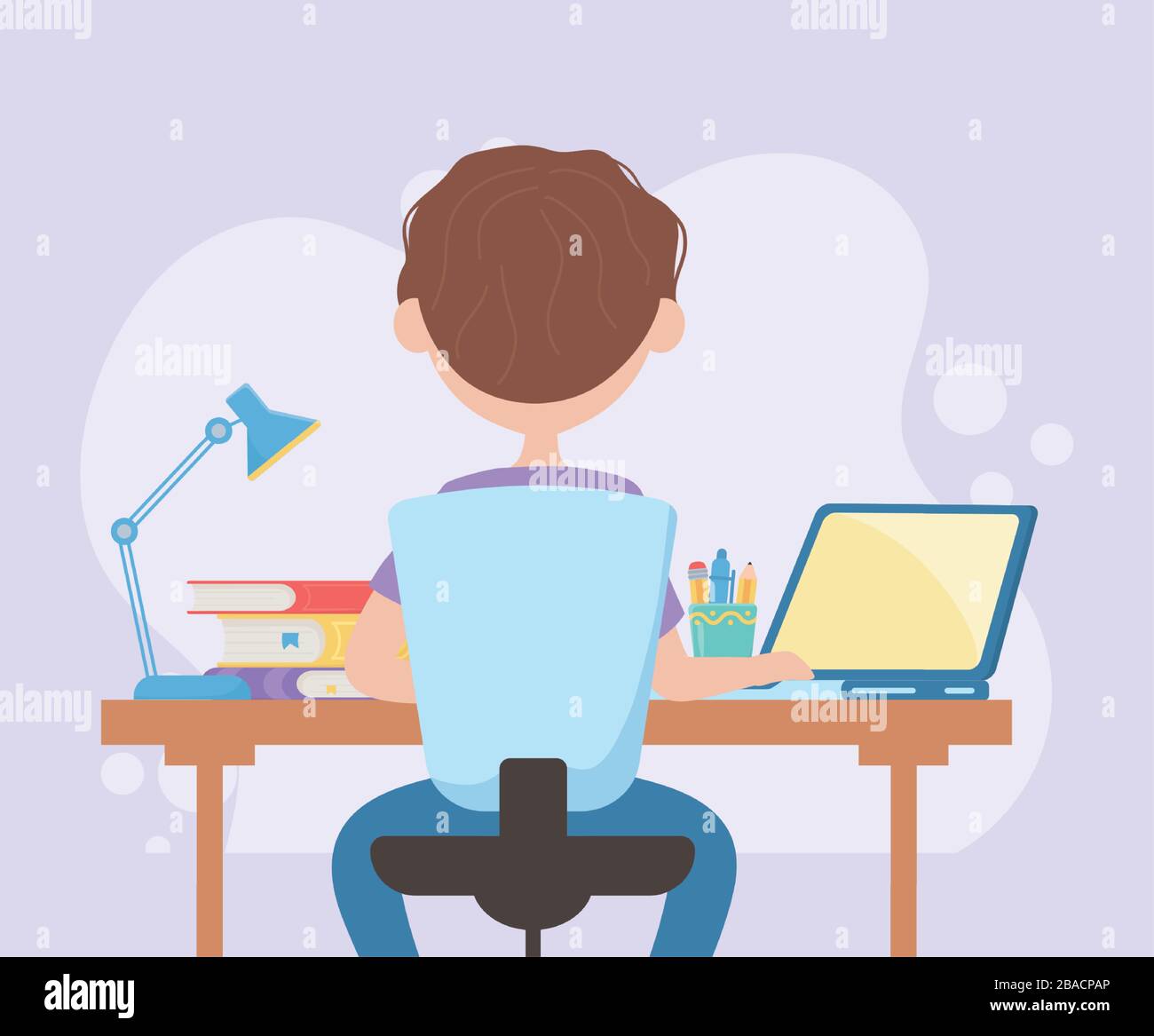 education online student boy typing in computer with books and lamp in ...