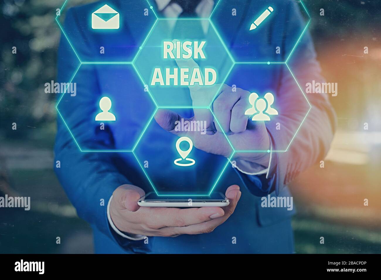 Writing note showing Risk Ahead. Business concept for A probability or ...