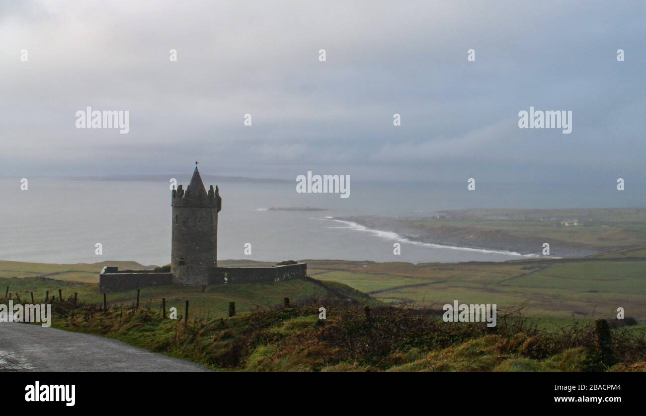 High angle view of the Doonagore Castle near Doolin in the west coast ...