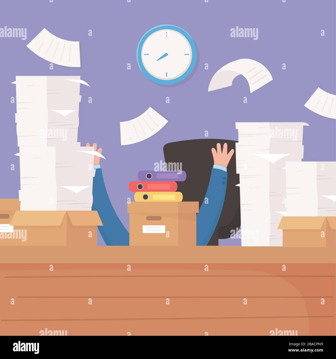 hands under desk and stack of work papers boxes stress vector ...