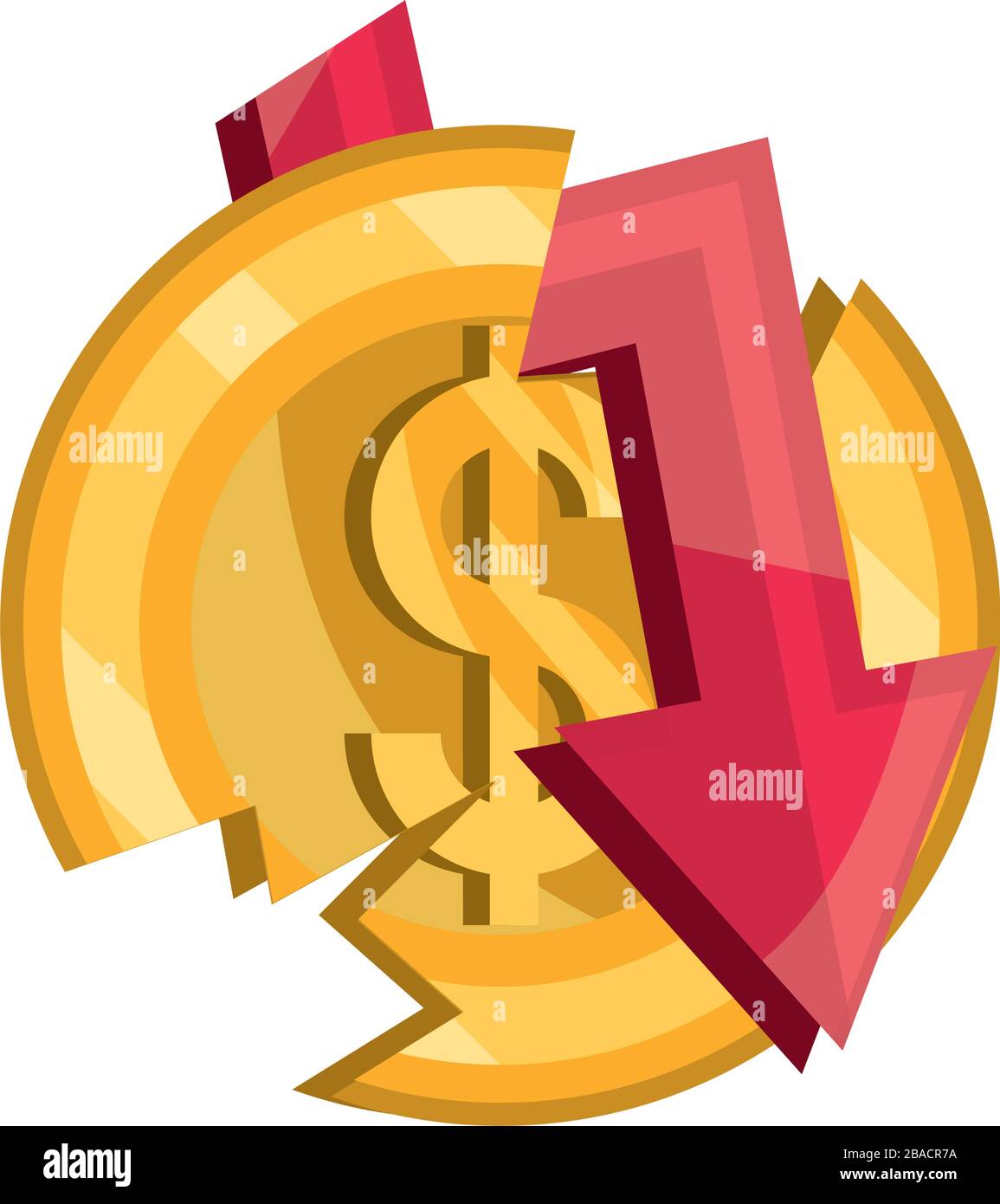 broken coin money down arrow stock market crash vector illustration ...