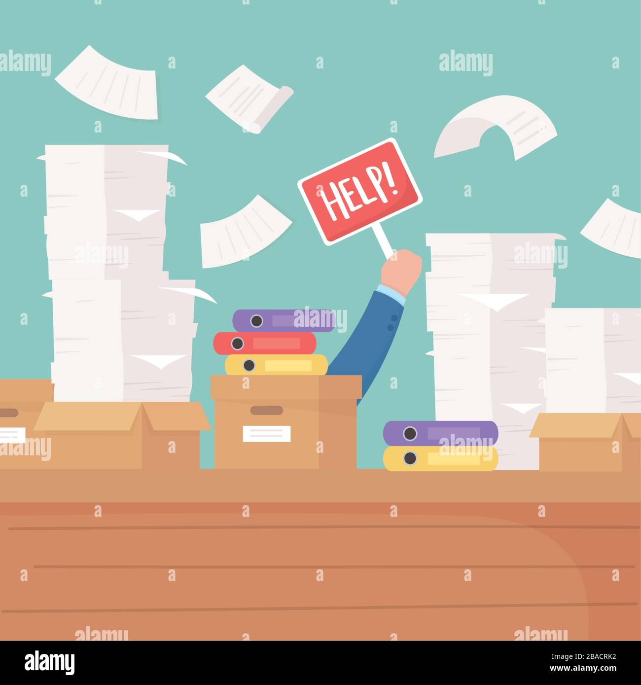 hand with help placard desk document pile paper office work frustration ...