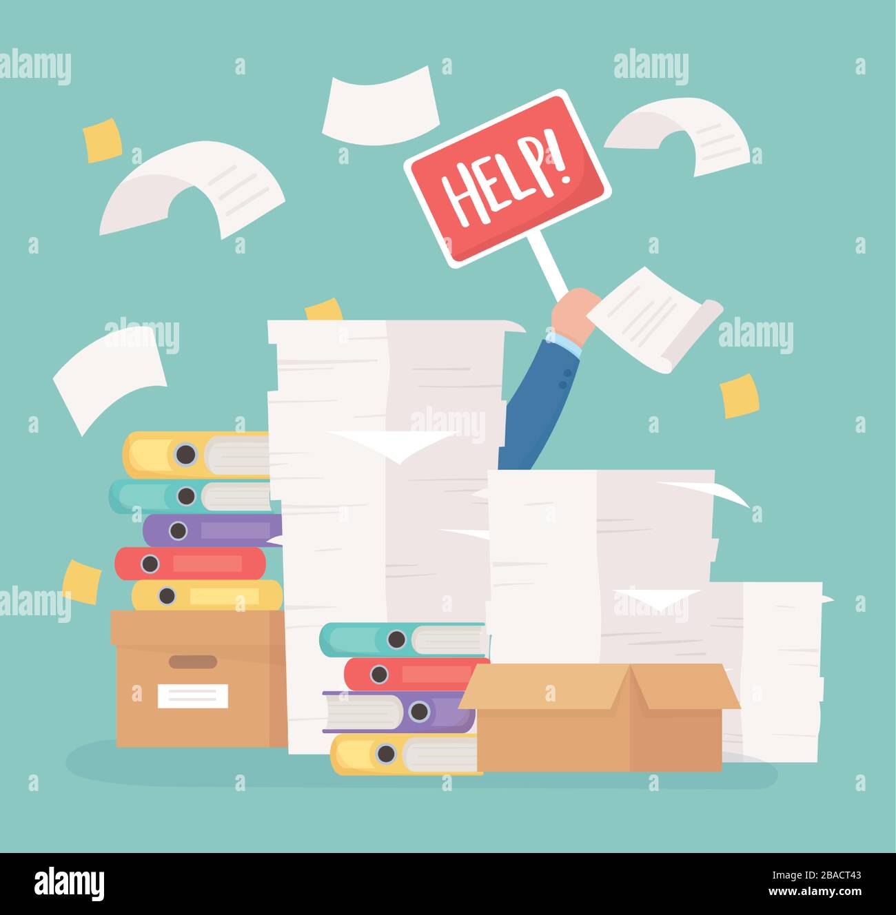 hand with help board and stack papers binders and cardboard boxes ...