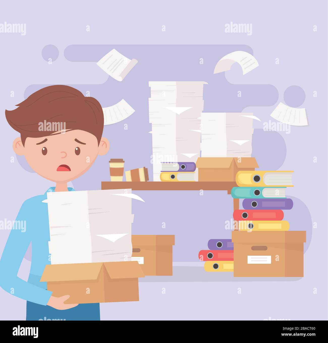 stressed employee with box and pile papers in the office work ...