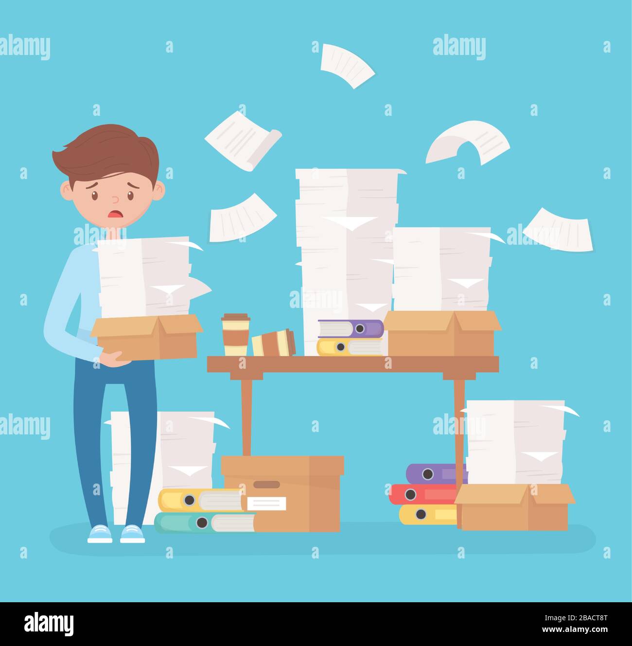 worried employee carrying stack papers desk with sheets binders office ...