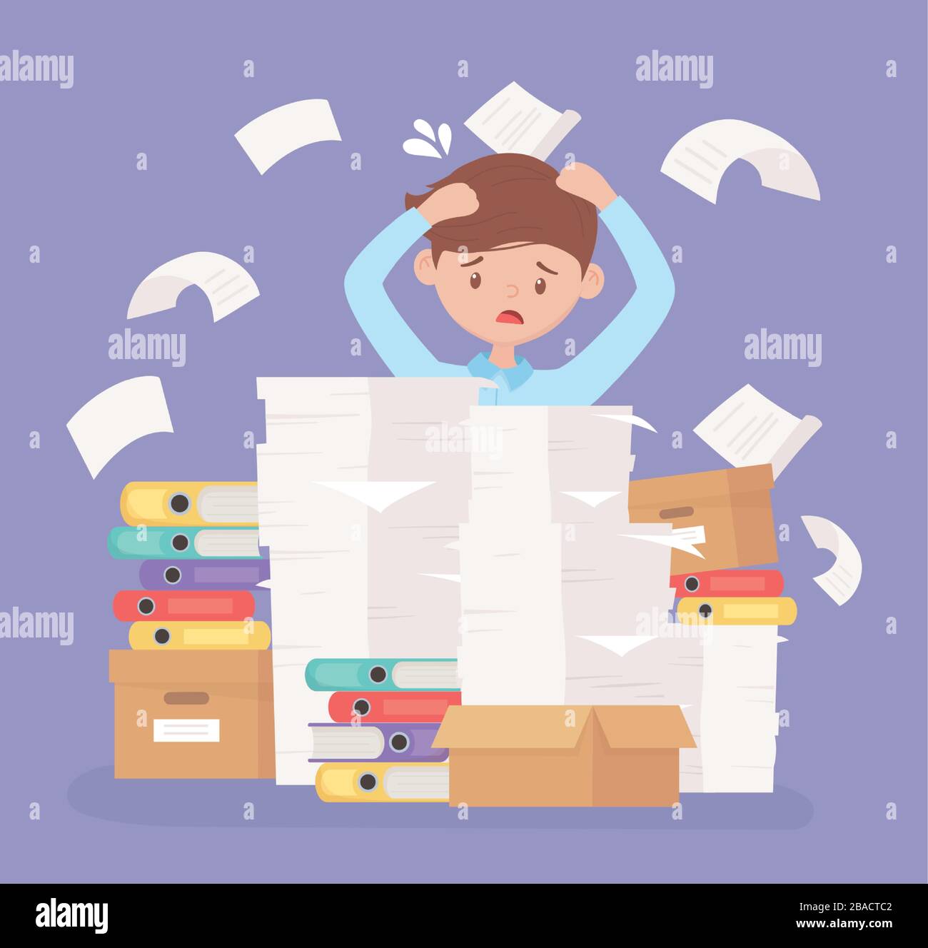 stressed businessman frustration office work pile paper binder and ...