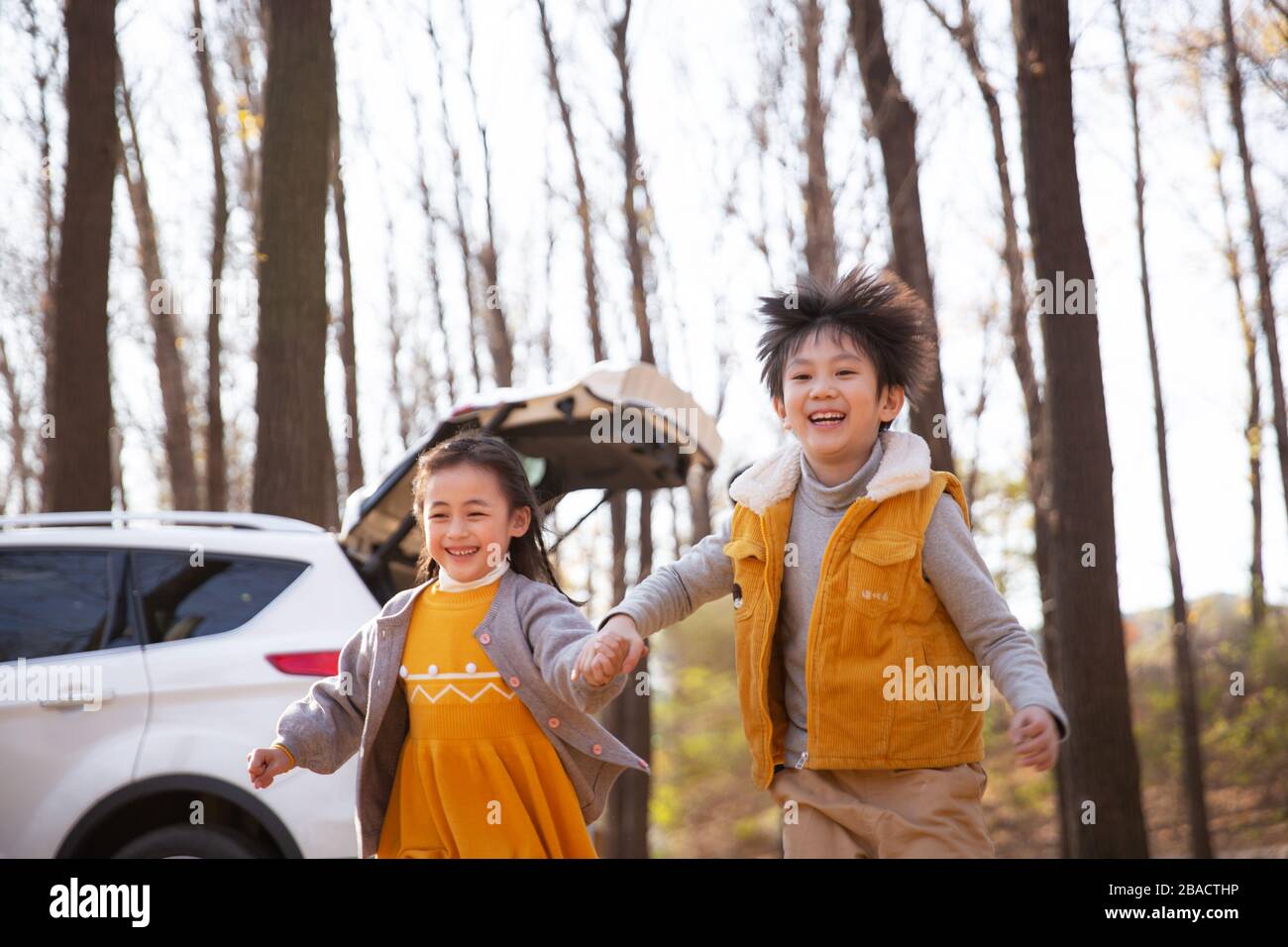 Two girls running in woods hi-res stock photography and images - Alamy