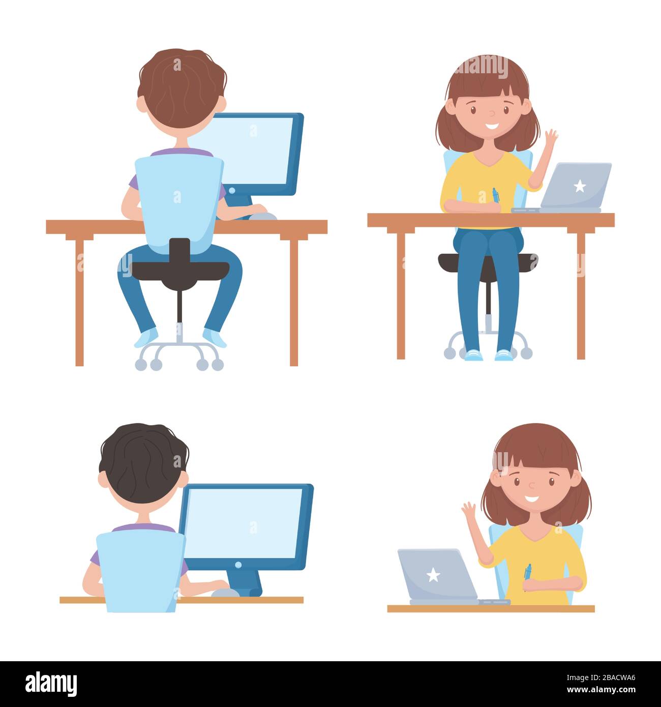 education online boy and girl students with laptop computer in virtual ...