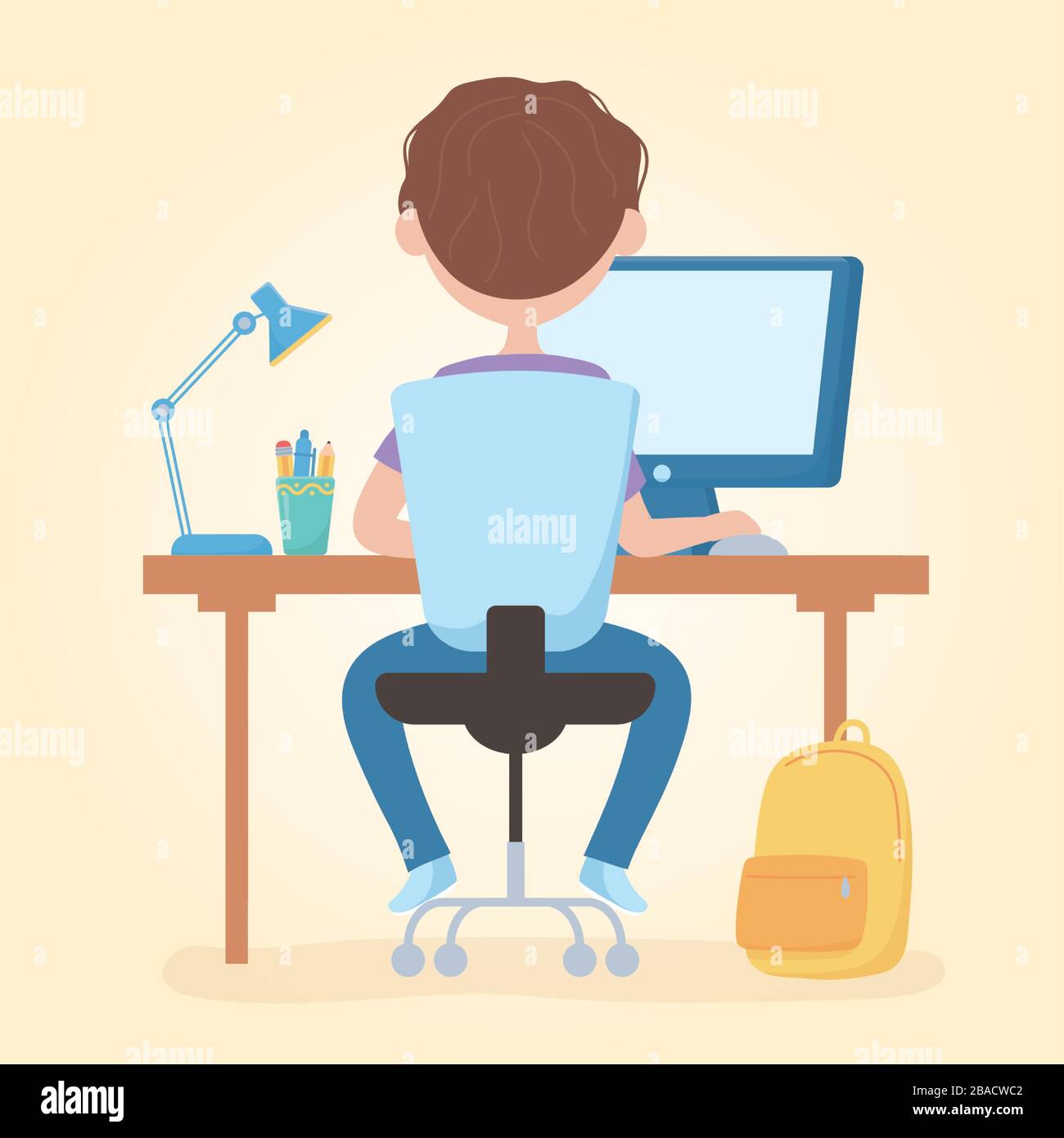 education online student boy sitting studying in laptop with lamp ...