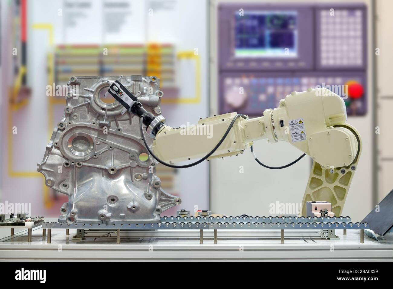 Industry robotic 3D scan work scanning auto part via conveyor belt on ...