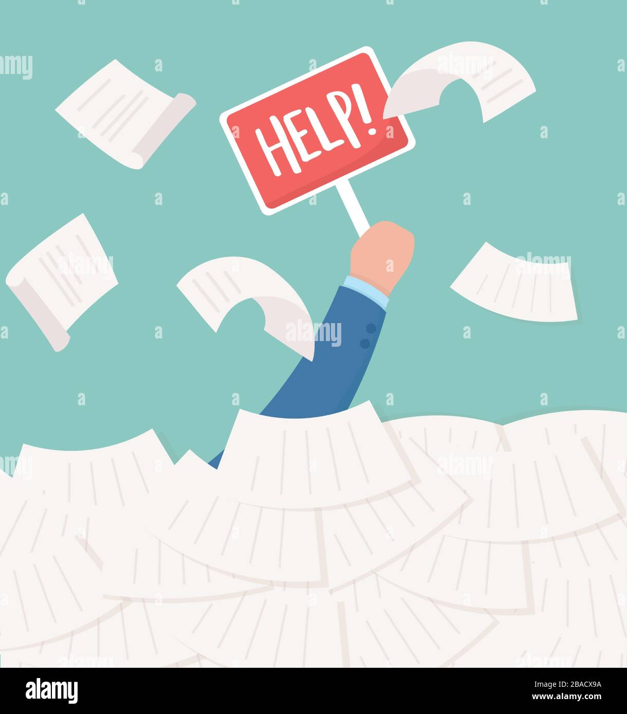 hand with help lettering pile paperwork office work frustration stress ...