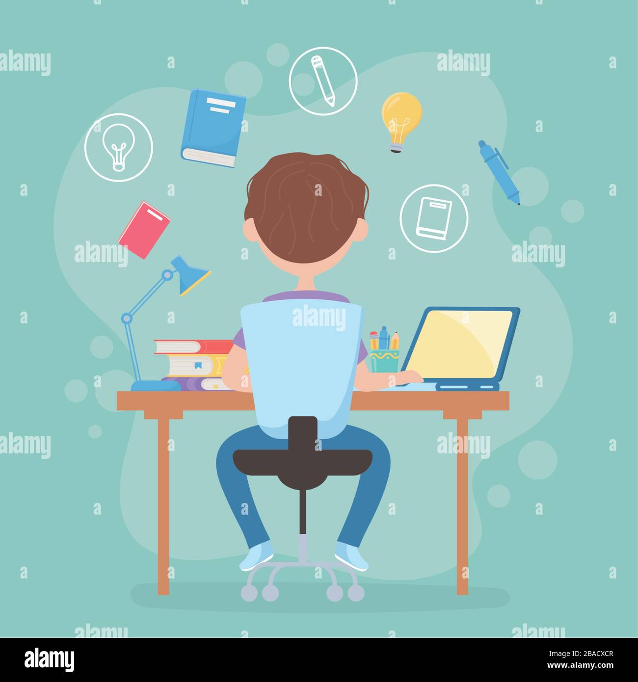 education online student boy sitting back view in desk studying with ...