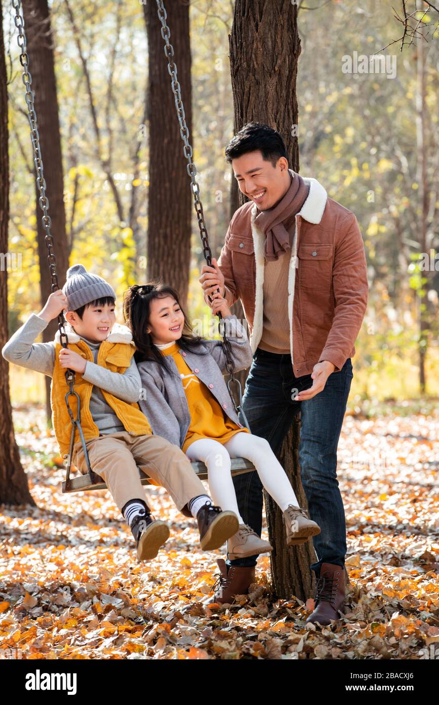 The happy children and father on the swings in the outdoor Stock Photo ...