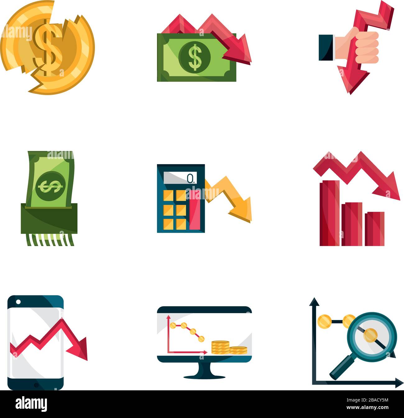 financial business crisis economy money stock market crash icons set ...