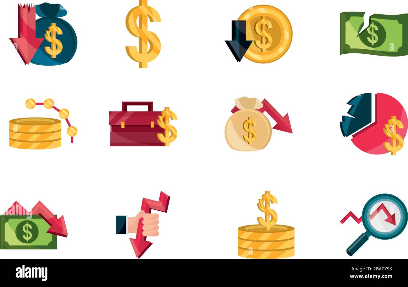 financial business crisis economy money stock market crash icons set ...