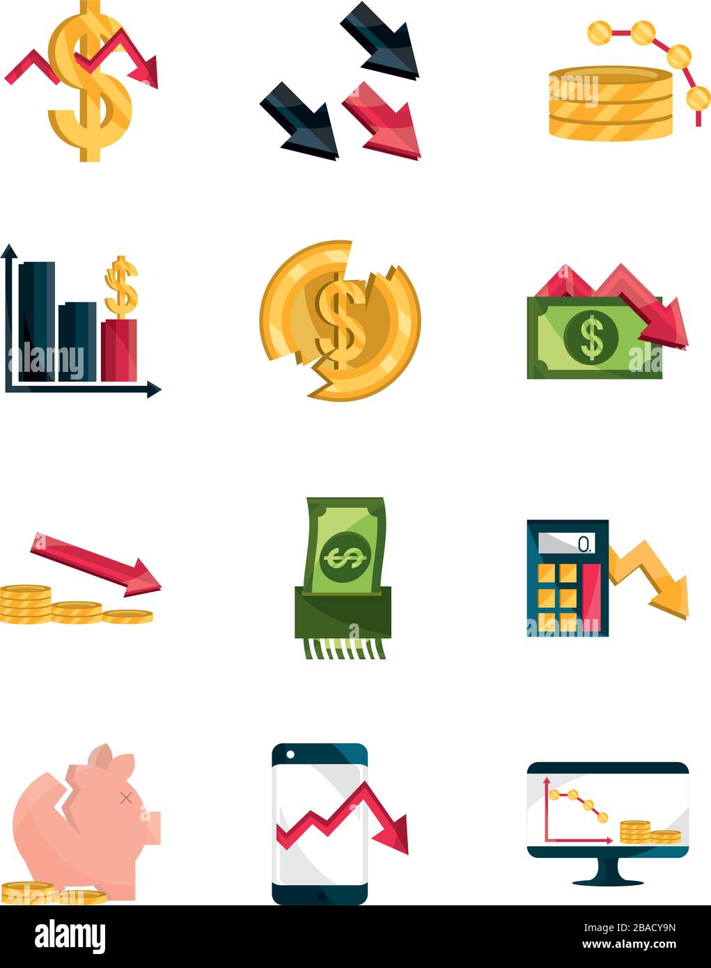 financial business crisis economy money stock market crash icons set ...