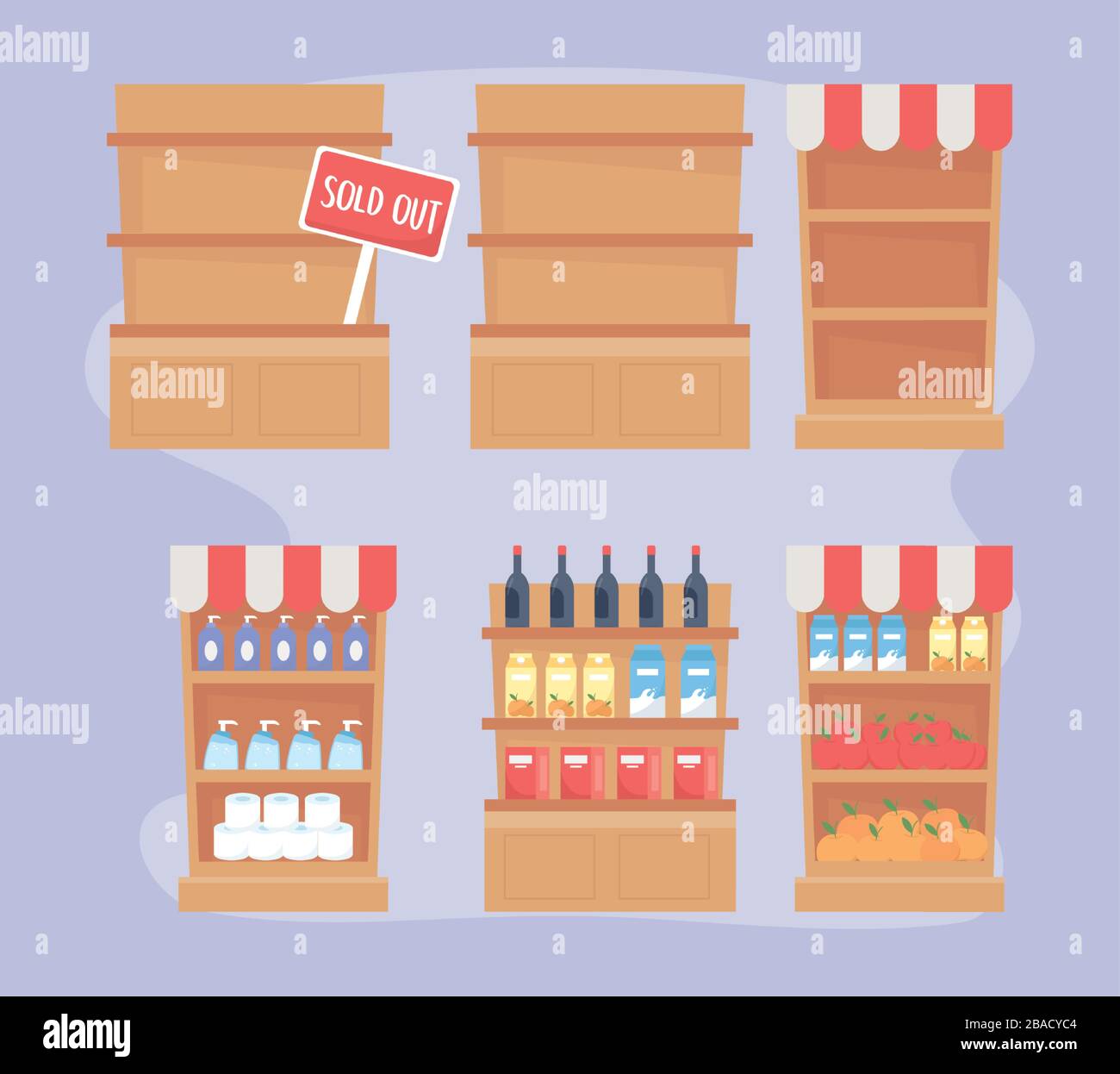 shelves full products and sold out food hoarding excess purchase vector ...