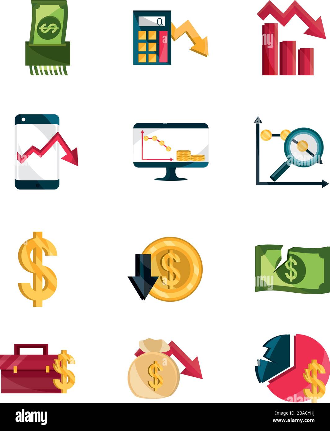 financial business crisis economy money stock market crash icons set ...