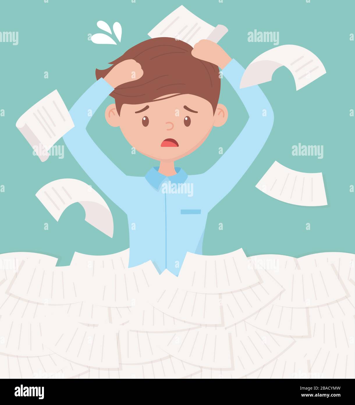 stressed businessman worried documents pile of papers office work ...