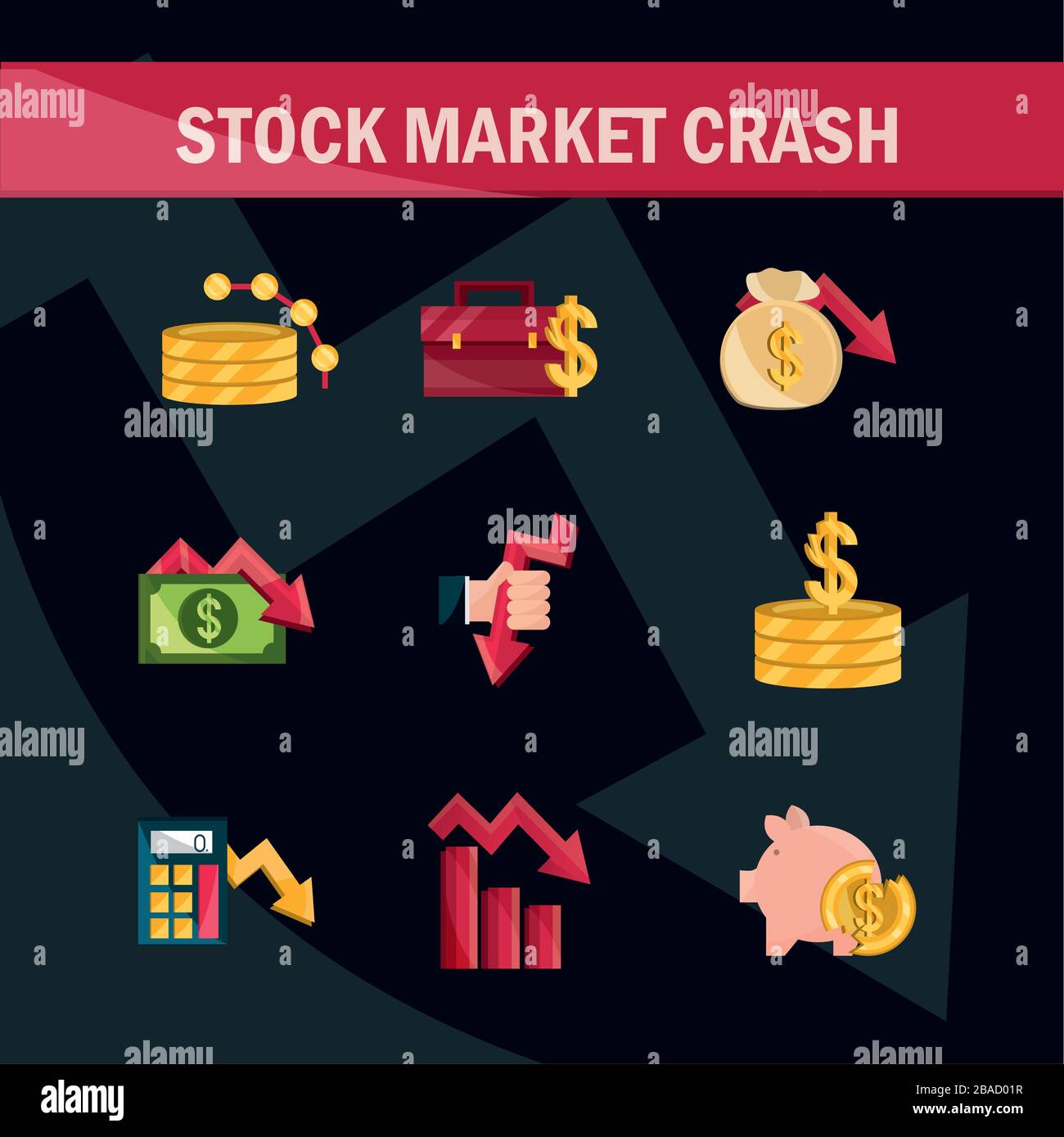 financial business crisis economy money stock market crash icons set ...