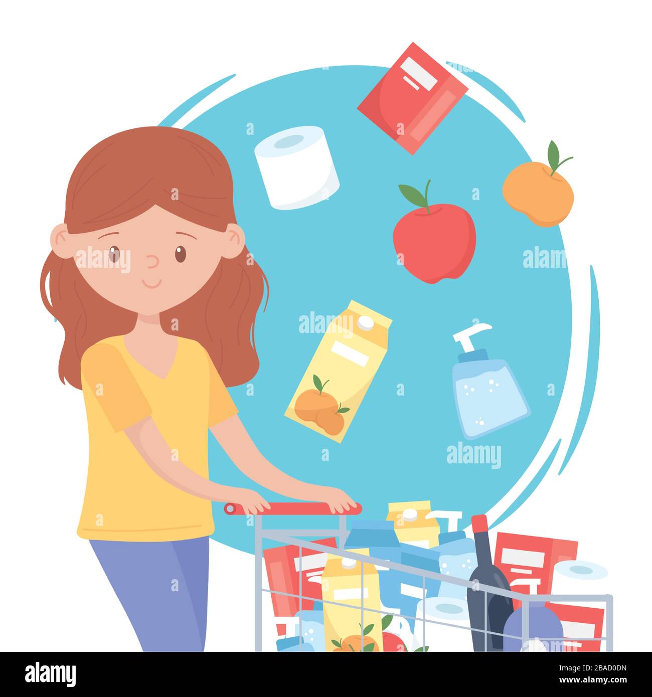 woman cartoon with full supermarket cart food hoarding excess purchase ...