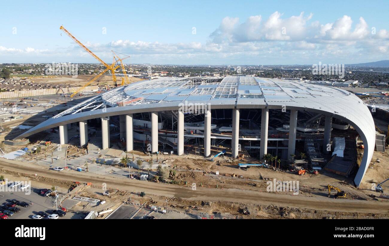 General overall aerial view of the construction site of SoFi Stadium ...