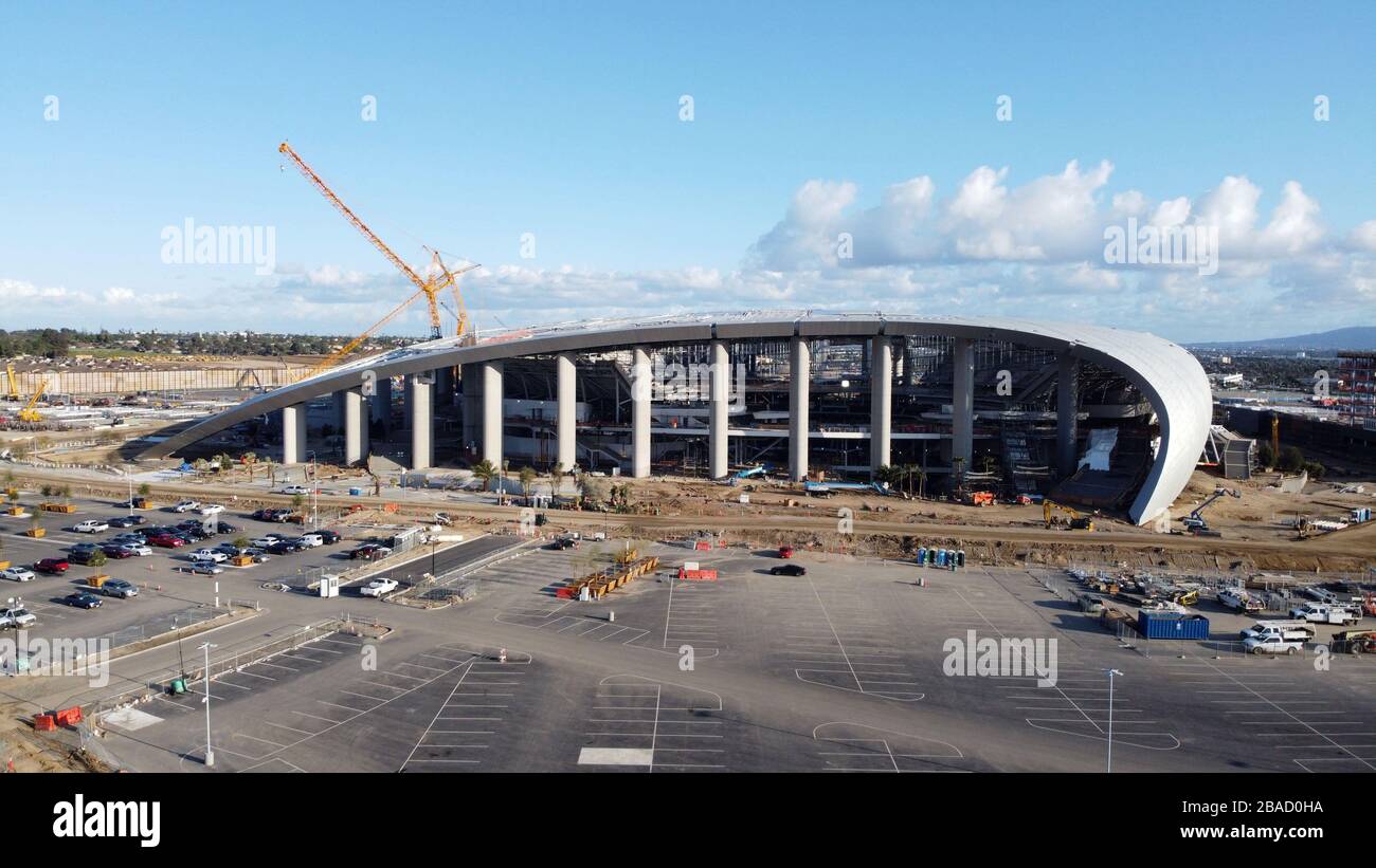 General overall aerial view of the construction site of SoFi Stadium ...