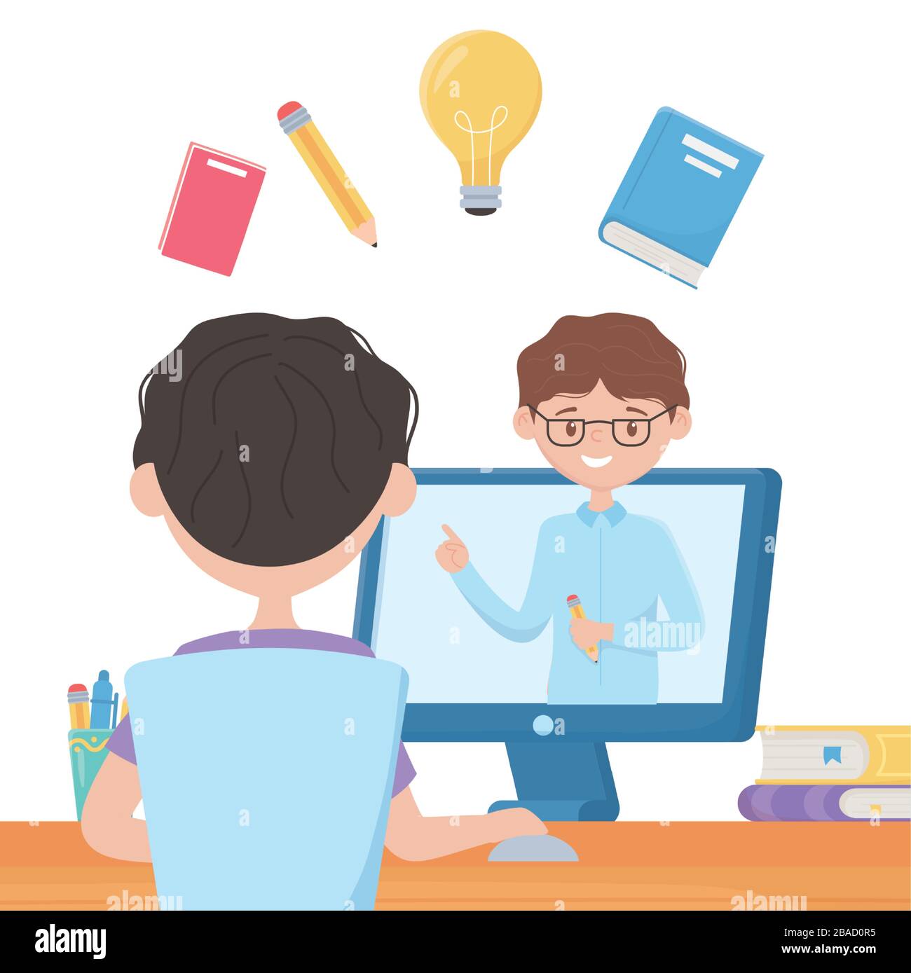 education online student boy looking video teaching virtual vector ...