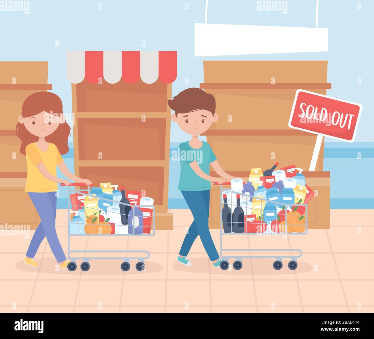couple with cart full food products sold out shelves excess purchase ...