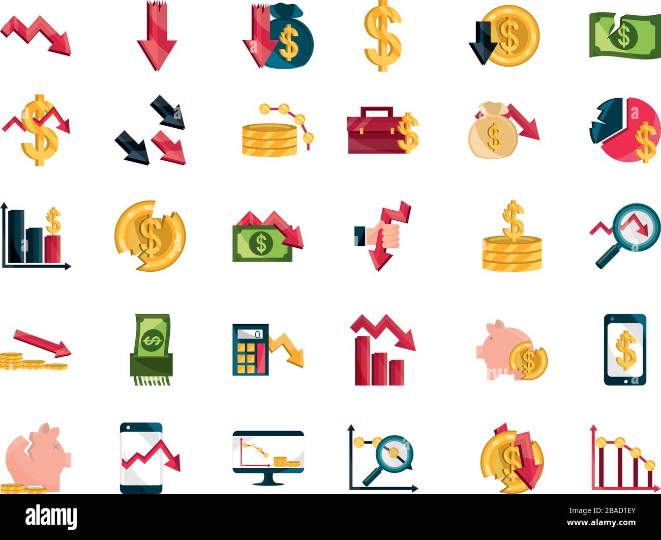 financial business crisis economy money stock market crash icons set ...