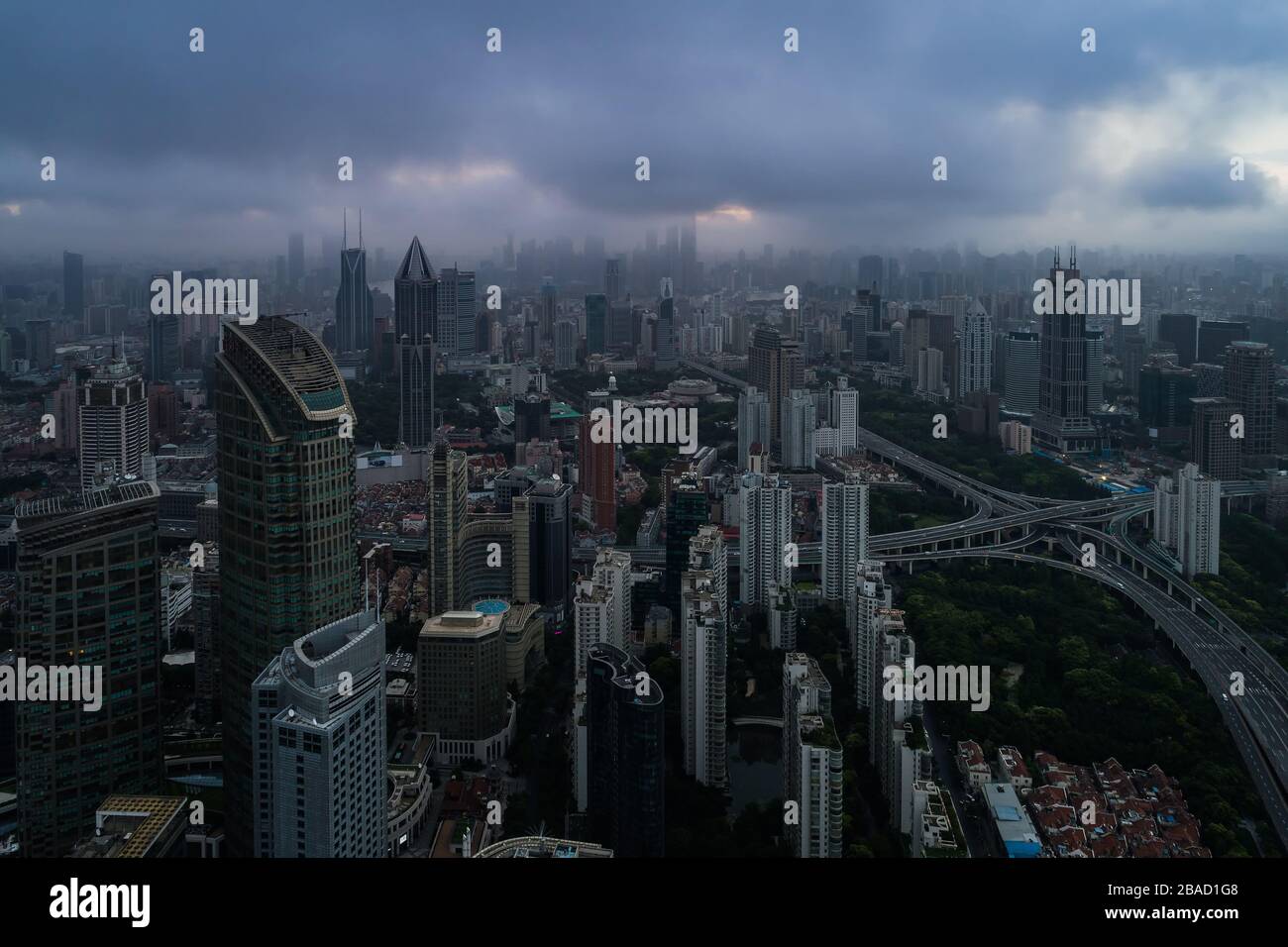 Aerial view of business area and cityscape in the dawn, West Nanjing ...