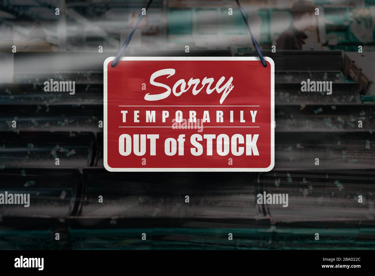Business concept of empty store shelves with 'Sorry, Temporarily Out of ... Business concept of empty store shelves with 'Sorry, Temporarily Out of ...