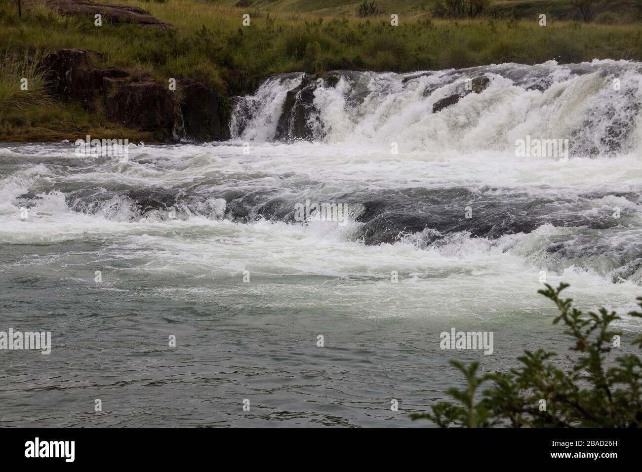 Water flowing fast over rapids of flooding river Stock Photo - Alamy
