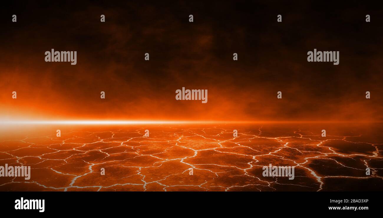 3D Rendering Abstract perspective heat red cracked ground texture after ...