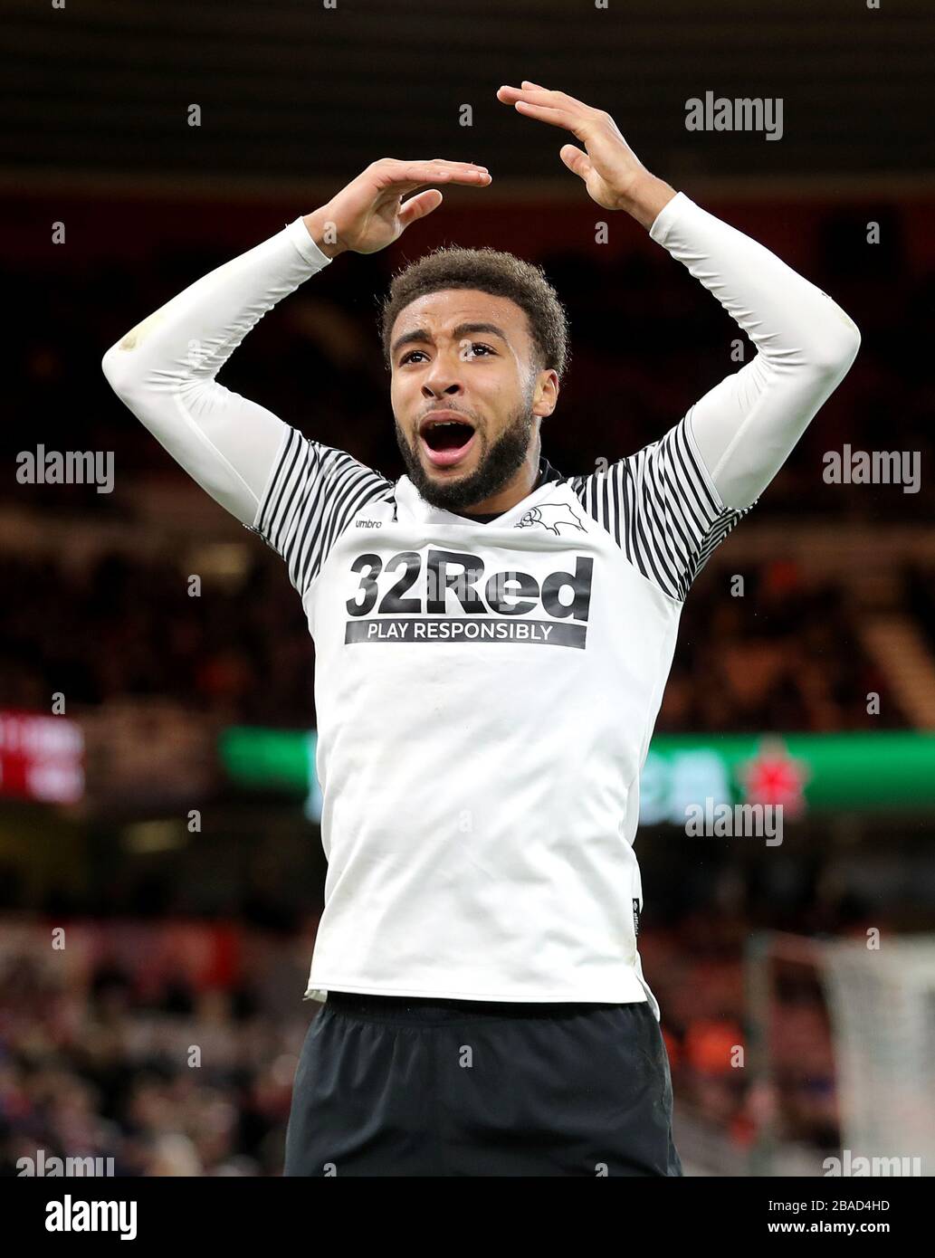 Derby County's Jayden Bogle celebrates his side's first goal, scored by ...
