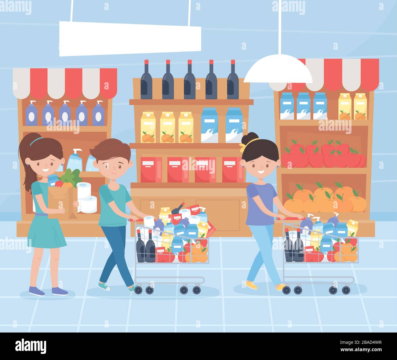 people in market with filled carts and bag food hoarding excess ...