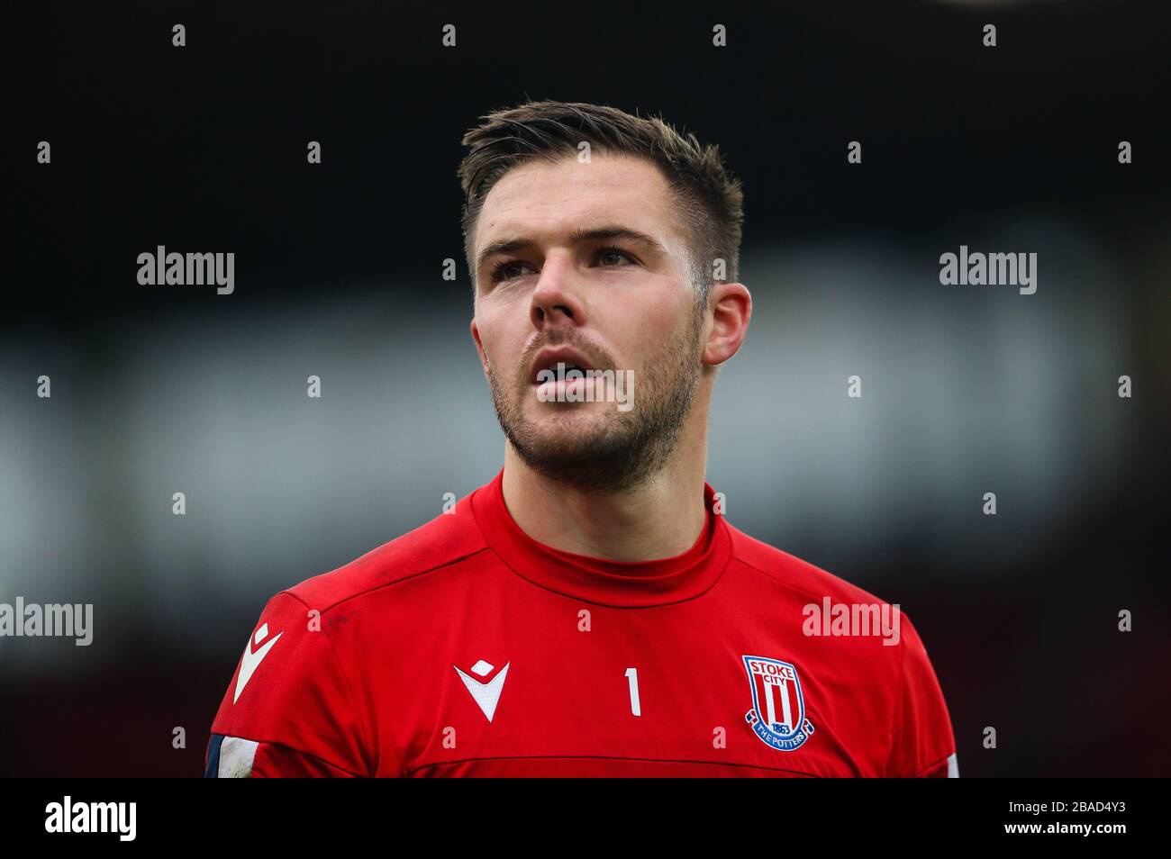 Stoke City goalkeeper Jack Butland warming up before the game Stock ...