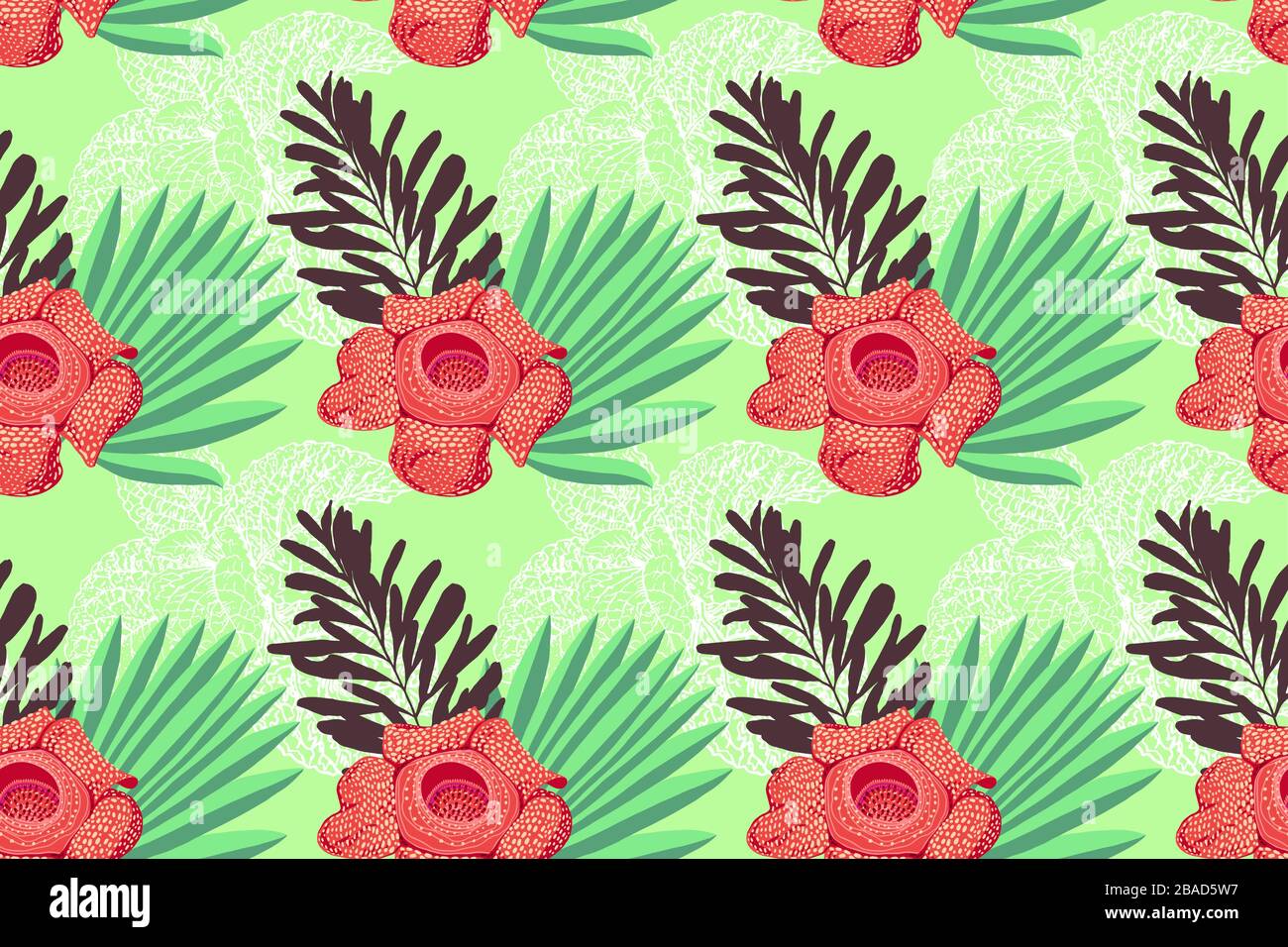 seamless pattern with tropical flower Rafflesia Arnoldii and leaves of ...