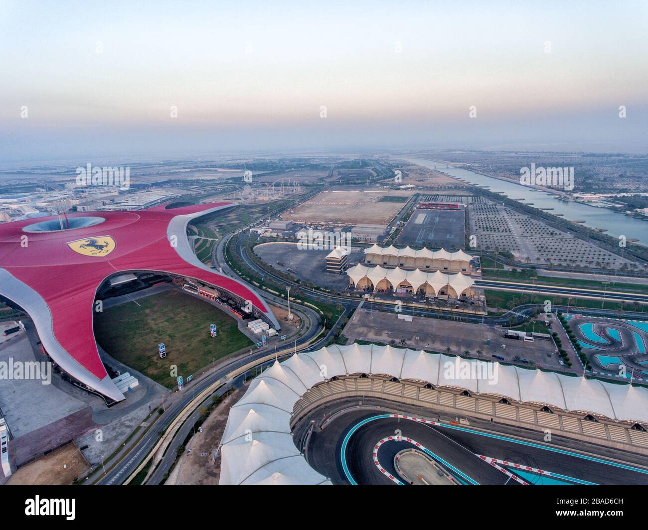 ABU DHABI, UAE - DECEMBER 2016: Aerial view of Ferrari World. This is a ...