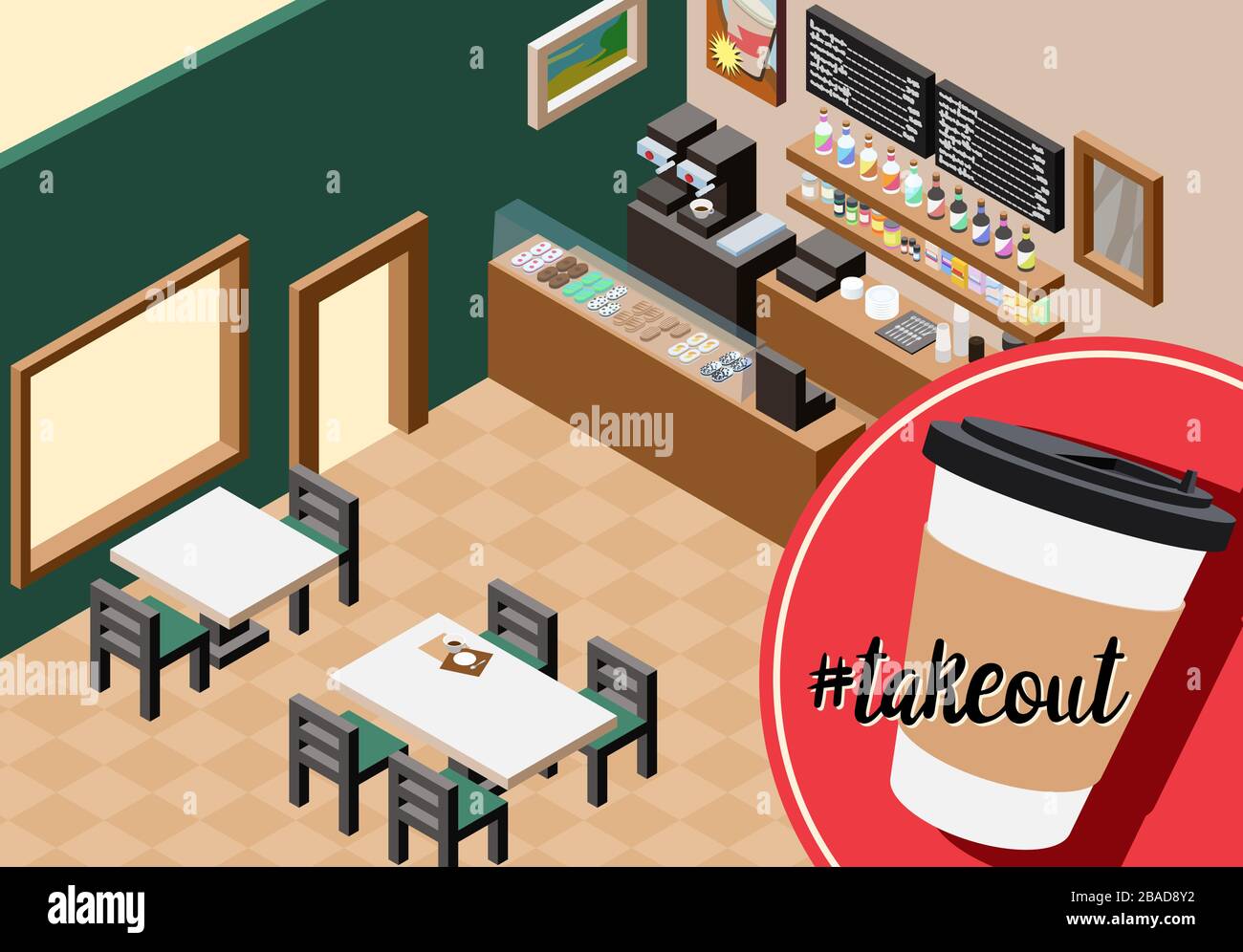 Empty local isometric cafe illustration with takeout service Stock ...