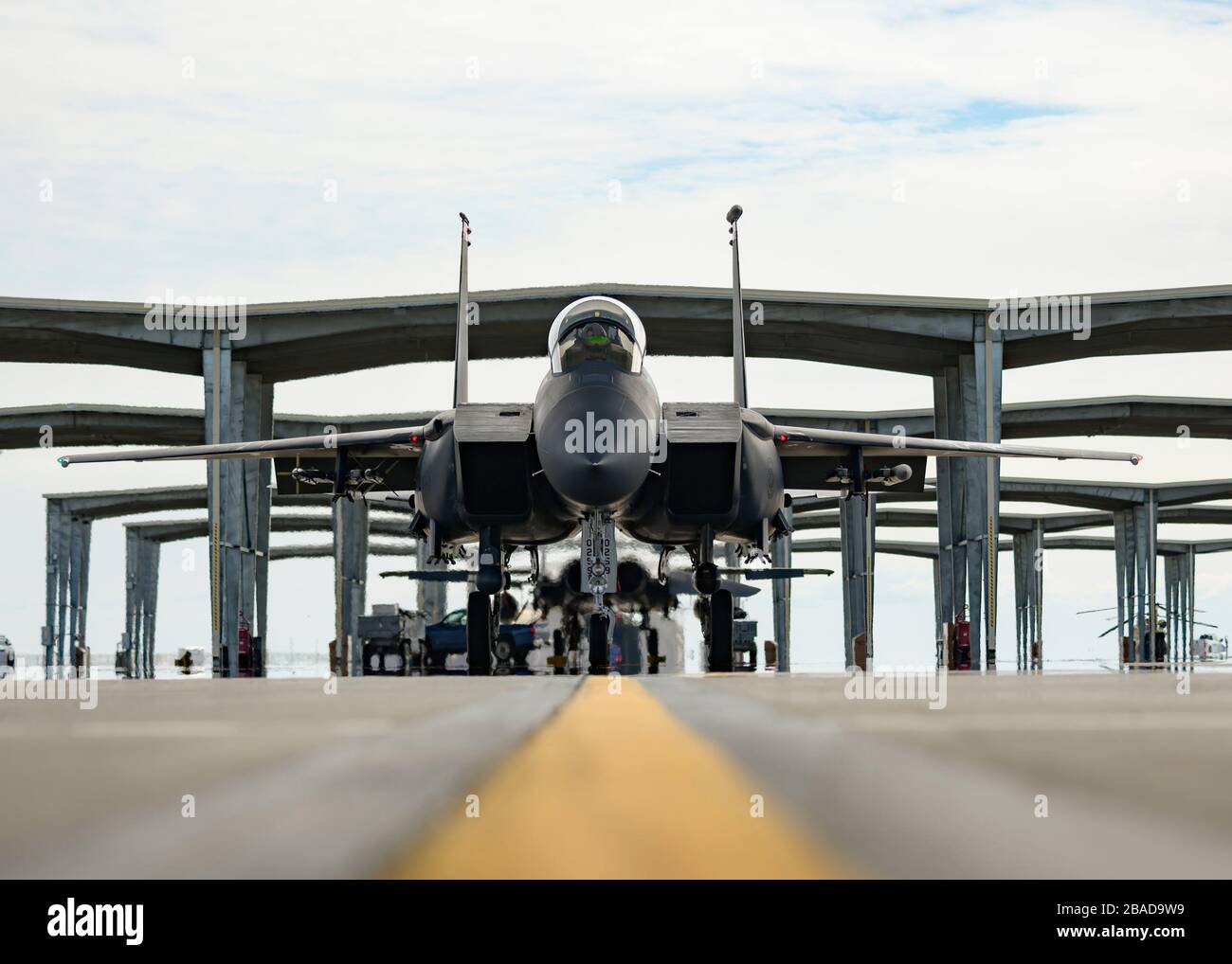 An F-15E Strike Eagle from the 391st Fighter Squadron, taxis from an ...