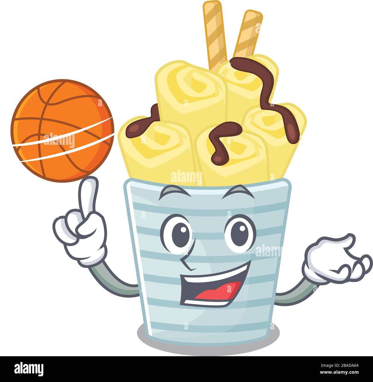 A sporty cream banana rolls cartoon mascot design playing basketball ...