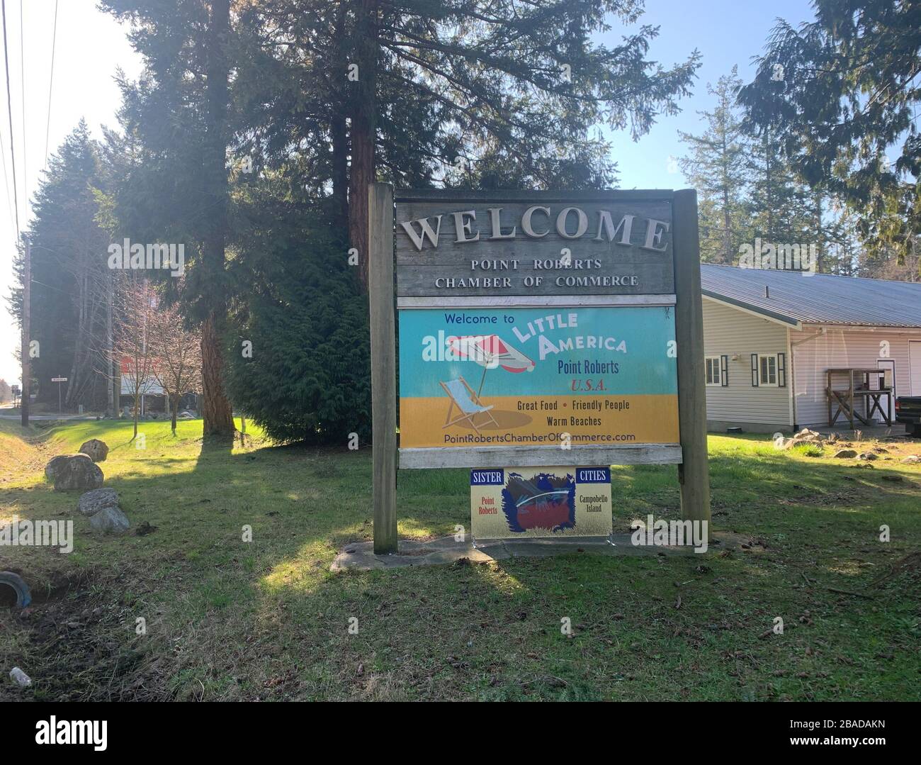Point Roberts, Canada. 18th Feb, 2020. "Welcome to Little America", a ...