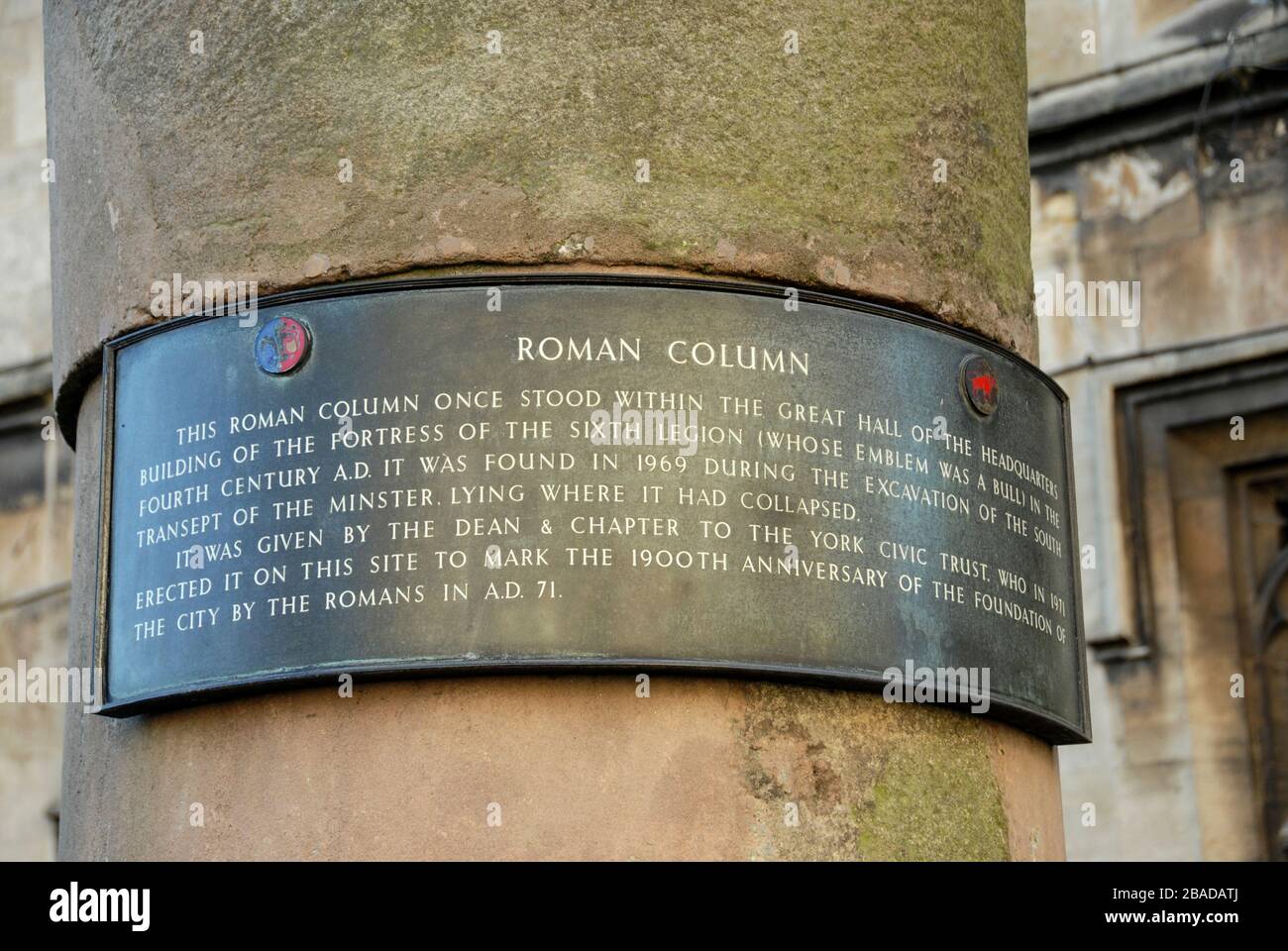 A round plaque on the surviving Roman column opposite York Minster in ...